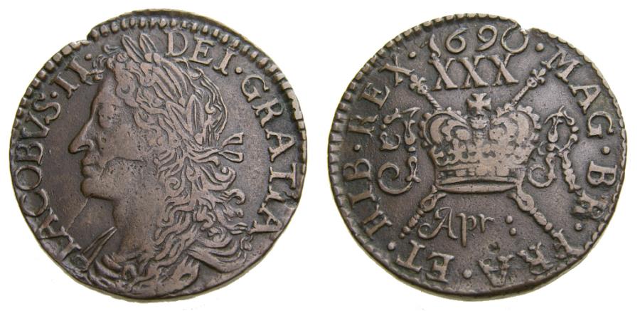 Ireland James II Gunmoney 1/2 Crown 1690 Apr. Fine Style Portrait VF+ ...