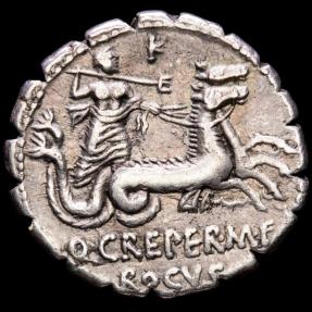 Crepereius M. f. Rocus - Silver Serrate denarius. Rome, 72 BC. - Q ...