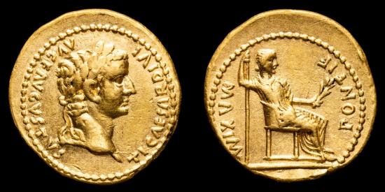 Tiberius (14-37 A.D.). Gold aureus. 36-37 A.D. - Lugdunum. PONTIF MAXIM ...