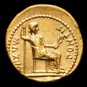 Tiberius (14-37 A.D.). Gold aureus. 36-37 A.D. - Lugdunum. PONTIF MAXIM ...