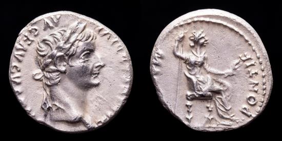 Tiberius (14-37 A.D.) Silver Denarius. Lugdunum. - PONTIF MAXIM (↺ ...