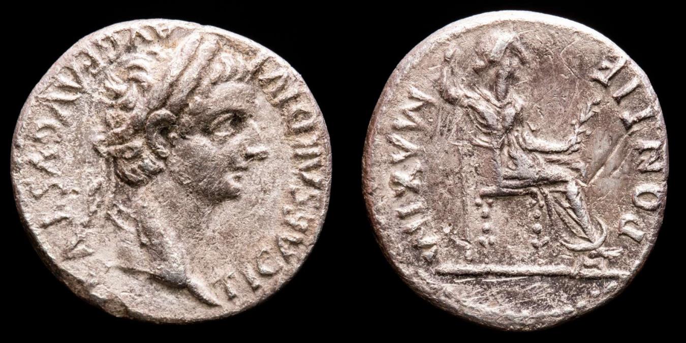 Tiberius (14-37 A.D.) Silver Denarius. Lugdunum. - PONTIF MAXIM (↺ ...