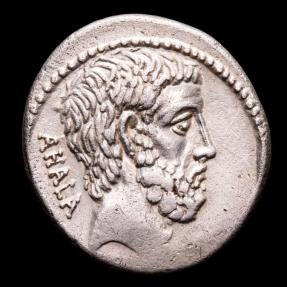 M. Junius Brutus. Silver denarius. Rome, 54 B.C. - Head of C. Servilius ...