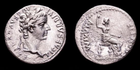 Tiberius, AD 14-37. Silver denarius. Lugdunum. - PONTIF MAXIM Livia ...