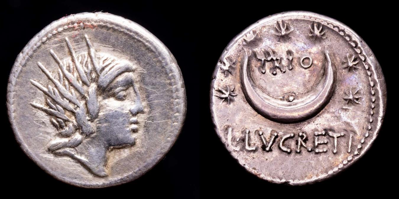 L. Lucretius Trio. Silver denarius. Rome, 76 B.C. - Sol / Crescent moon ...