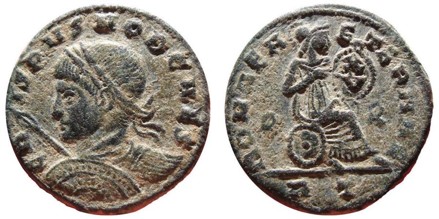 Crispus with shield & spear follis. Rome P/R RT. ROMAE AETERNAE. Very ...