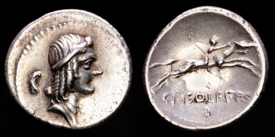 C. Calpurnius Piso Frugi. Silver denarius, Rome mint, 67 B.C. Horseman ...