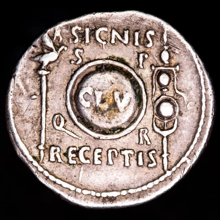 Augustus, Colonia Patricia 19 BC, AR Denarius. - SIGNIS / RECEPTIS ...
