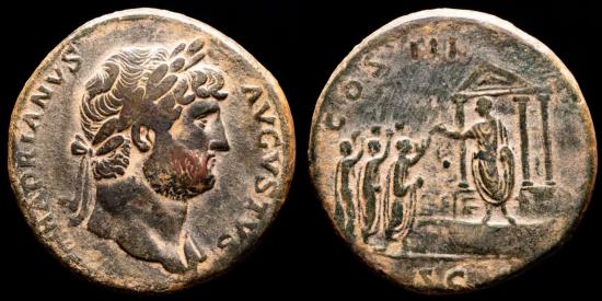Hadrian. Bronze Sestertius, Rome ca. A.D. 124/8. COS III / SC. Hadrian ...