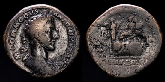 Commodus (177-192 A.D.) Æ Sestertiu. Rome, AD 181. - Commodus seated on ...