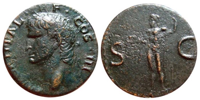 Agrippa AE as, M.AGRIPPA.L.F.COS.III. Neptune with dolphin. RIC.58.