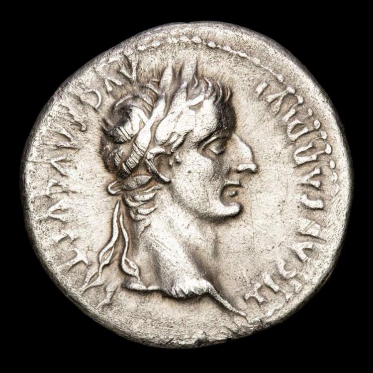 Tiberius, silver denarius. Minted in Lugdunum, AD 14-37. - PONTIF MAXIM ...