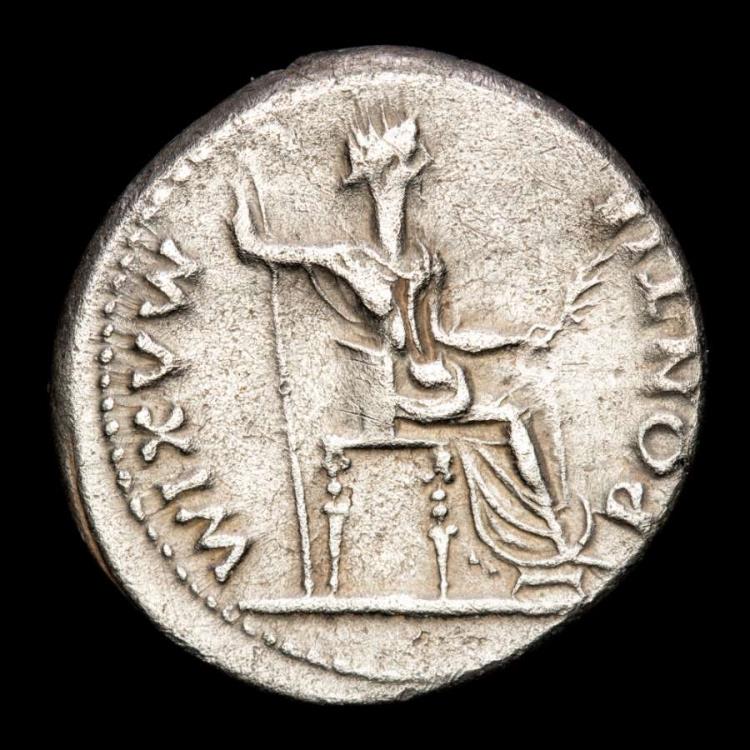 Tiberius, silver denarius. Minted in Lugdunum, AD 14-37. - PONTIF MAXIM ...