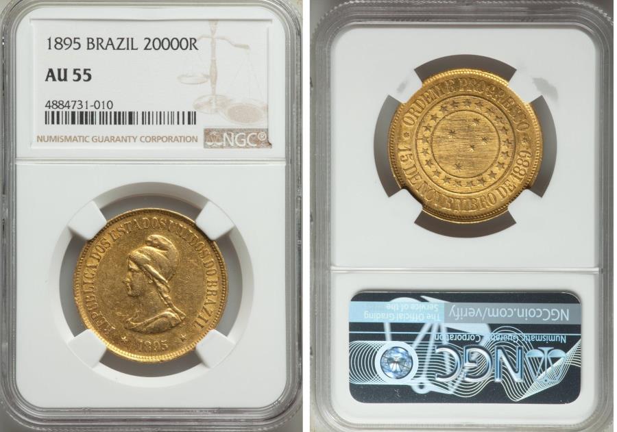 Brazil Republic - gold 20000 Reis 1895, Rio de Janeiro mint, KM497.
