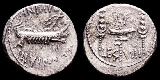 Mark Antony, 32-31 B.C. Silver Legionary denarius. Patrae. LEG VIII ...
