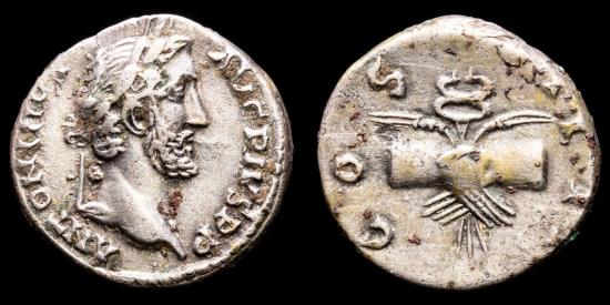 Antininus Pius (AD 138-161) Silver denarius, Rome. - COS IIII, clasped ...