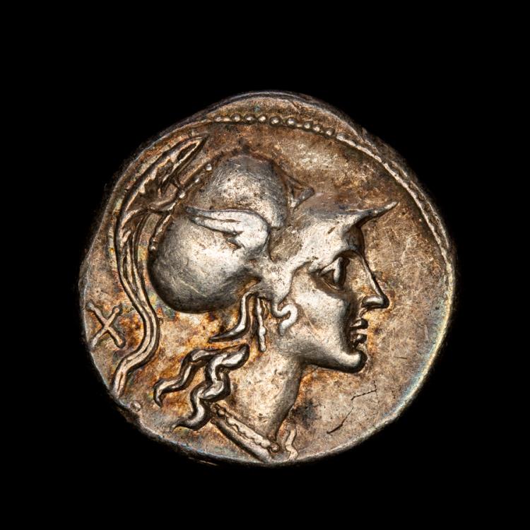 Anonymous AR Denarius. - Roma, on pile of shields, holding spear; birds ...