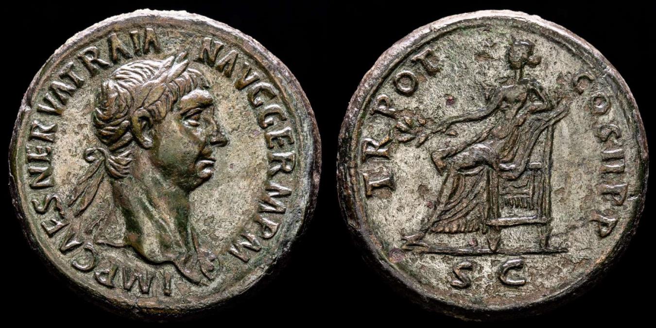 Trajan (98-117 A.D.). Bronze Sestertius. Rome 98-99 AD. - TR POT COS II ...