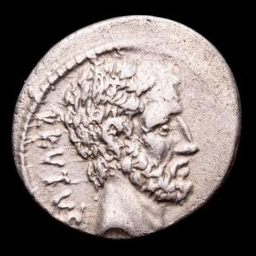 M. Junius Brutus. Silver denarius. Rome, 54 B.C. - Head of C. Servilius ...