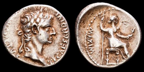 Tiberius (14-37 A.D.) Silver Denarius. Lugdunum. - PONTIF MAXIM (↺ ...