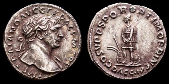 Trajan (98-117 A.D.) Silver Denarius. Rome, AD 103-111. - COS V P P SPQR OPTIMO PRINC / DAC CAP ...