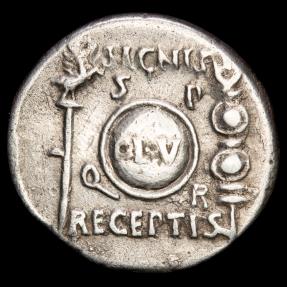 Augustus (27 BC-14 AD) Ar denarius. - Round shield inscribed CL•V ...