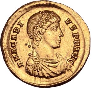 Arcadius. Gold solidus, Sirmium, AD 393-395. VICTORIA AVGGG Δ S-M // COMOB.