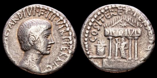 Octavian August (43-33 B.C.) Silver Denarius, Temple in honor of Julius ...