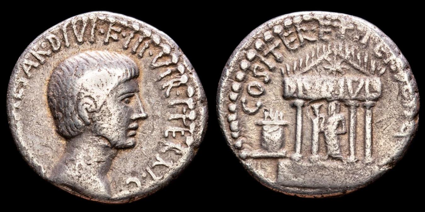 Octavian August (43-33 B.C.) Silver Denarius, Temple in honor of Julius ...