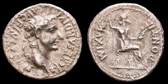 Tiberius (14-37 A.D.) Silver Denarius. Lugdunum. - PONTIF MAXIM (↺ ...