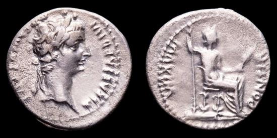 Tiberius, AD 14-37. Silver denarius. Lugdunum. - PONTIF MAXIM Livia ...
