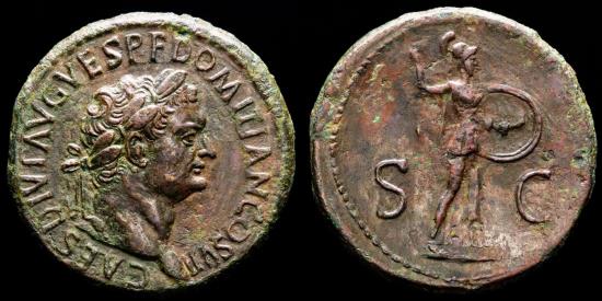 Domitian, as Caesar, Æ Sestertius. Rome, AD 80-81. Minerva holding ...