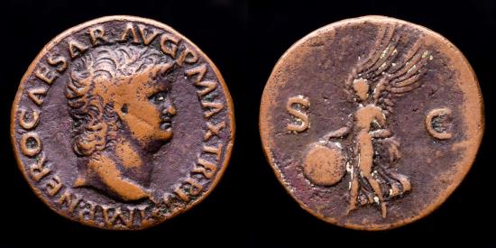 Nero (54-68 AD.) Bronze As, Lugdunum, 67. S - C, Victory holding in ...