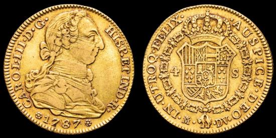 Spain - Carlos III (1759-1788). Gold 4 escudos. 1787. Madrid. DV.