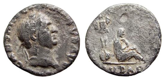 AR Denarius of Vespasian 69-79 AD., Judaea Capta, Fine, RIC II 2