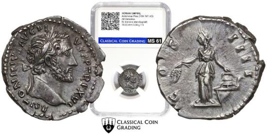 ★CCG MS61★ Antoninus Pius. (138-161 AD). Silver denarius Rome, 149-150 AD.