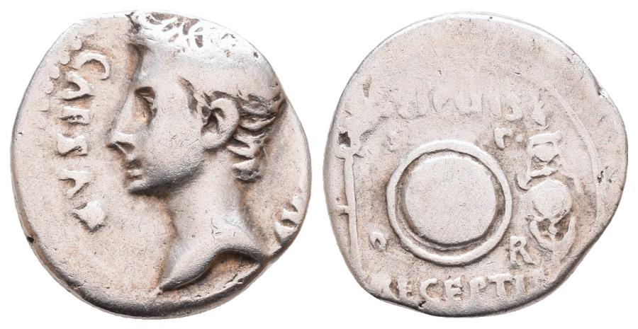 AUGUSTUS – DENARIUS – COLONIA PATRICIA – SIGNIS RECEPTIS – F-VF!