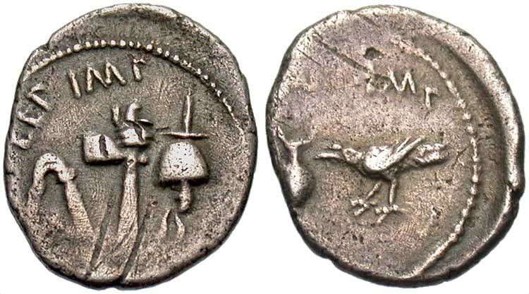 Mark Antony and Lepidus. 43 B.C.. AR quinarius. Military in Transalpine ...